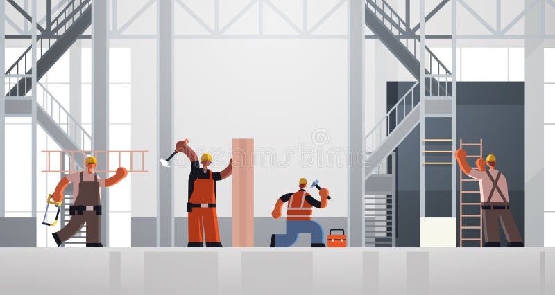 Builders Using Hammer and Ladder Busy Workmen Carpenters Team in ...