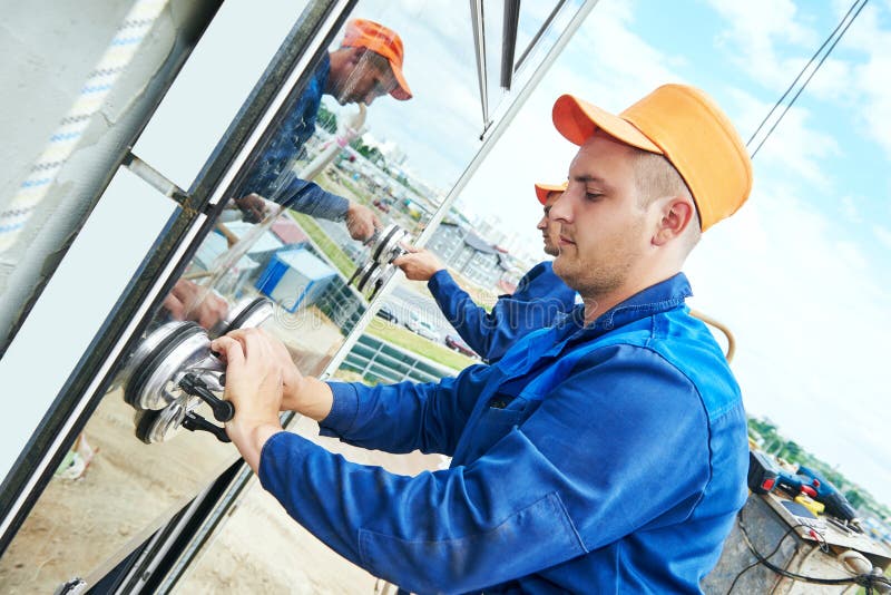 Facade Glass Window Installation Stock Photo - Image of hardhat ...