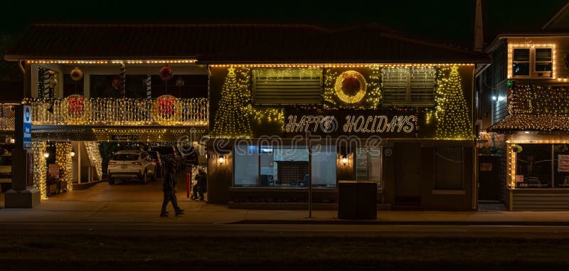 Festive Building with Holiday Lights Editorial Photo - Image of ...
