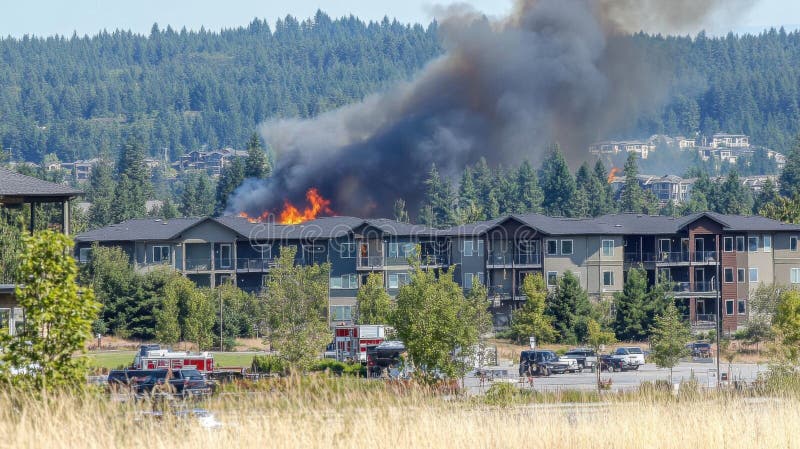 Building Aflame, Smoke and Flames Engulf Structure with Emergency ...