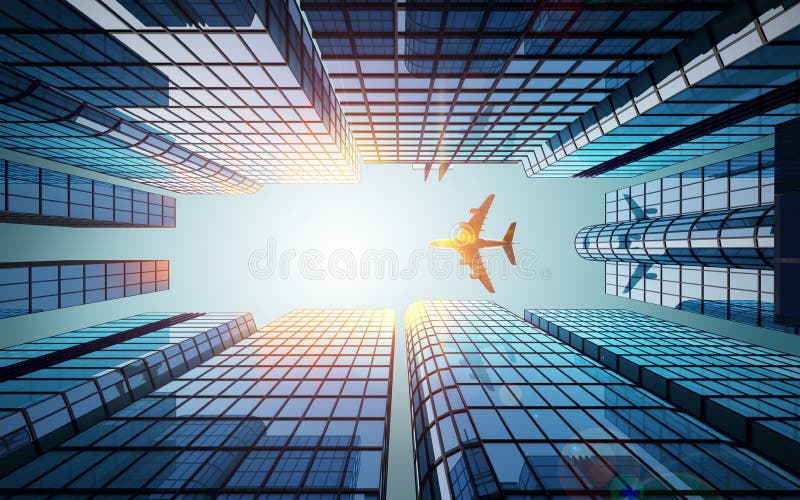 Building with airplane stock illustration. Illustration of cityscape ...