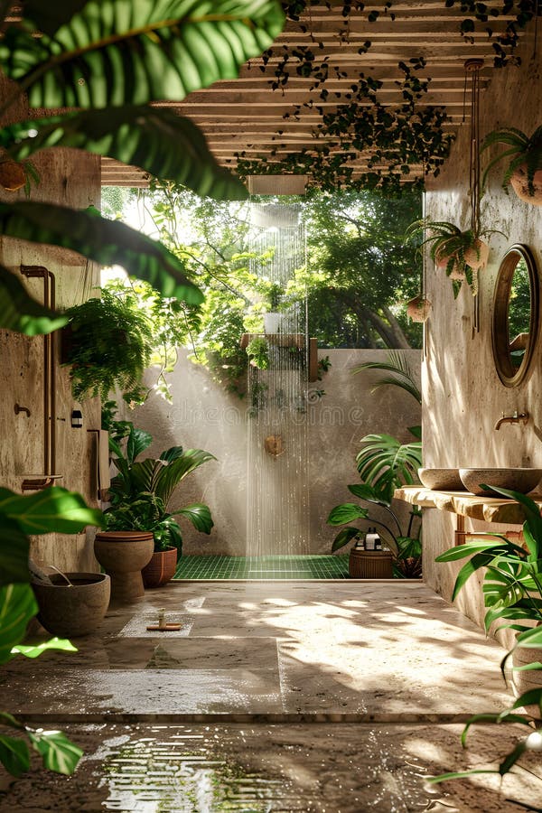 A Botanically Rich Bathroom with Many Plants and a Refreshing Shower Stock Image - Image of ...