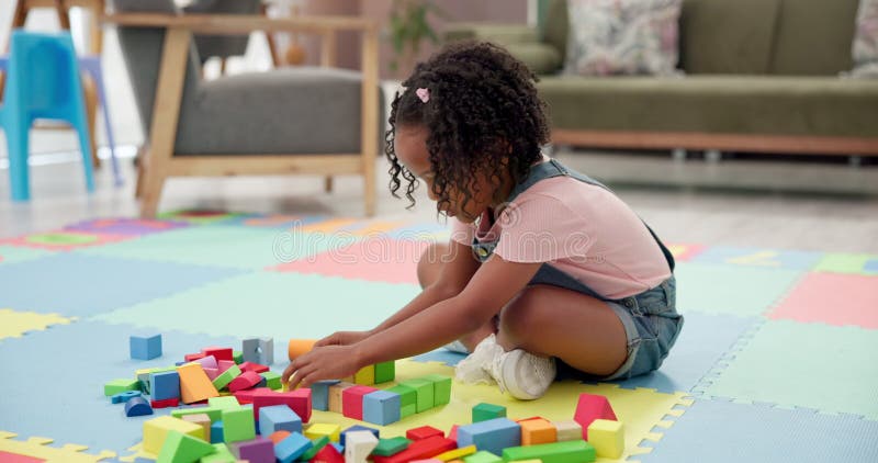 Building Blocks, Playing and Child on Floor in House for Cognitive ...