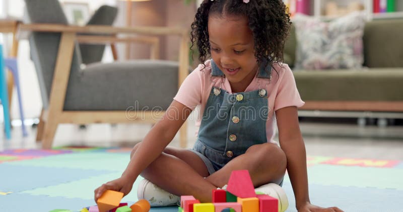 Building Blocks, Playing and Child in Living Room in Home for Cognitive ...