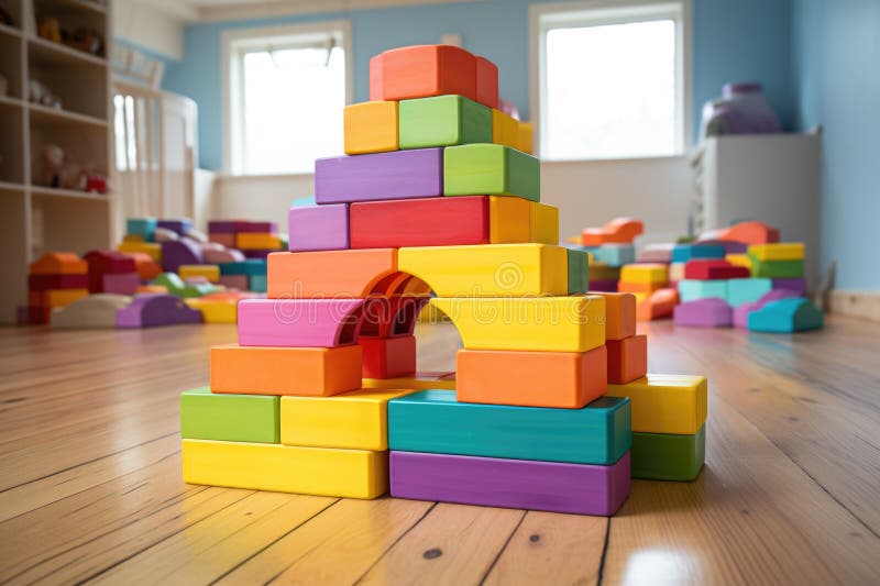 Building Blocks Stacked High on a Playroom Floor Stock Image - Image of ...