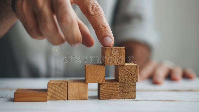 Building Blocks of Success: a Hand Placing Wooden Blocks Stock ...