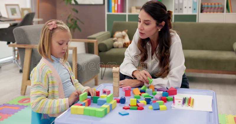 Building Blocks, Therapy and Woman with Child in Office for Playing ...
