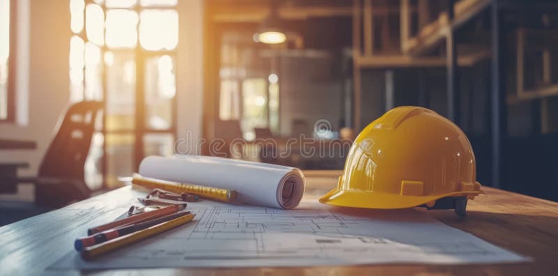 Building Blueprint with Hard Hat and Pencils, Building Blueprint ...