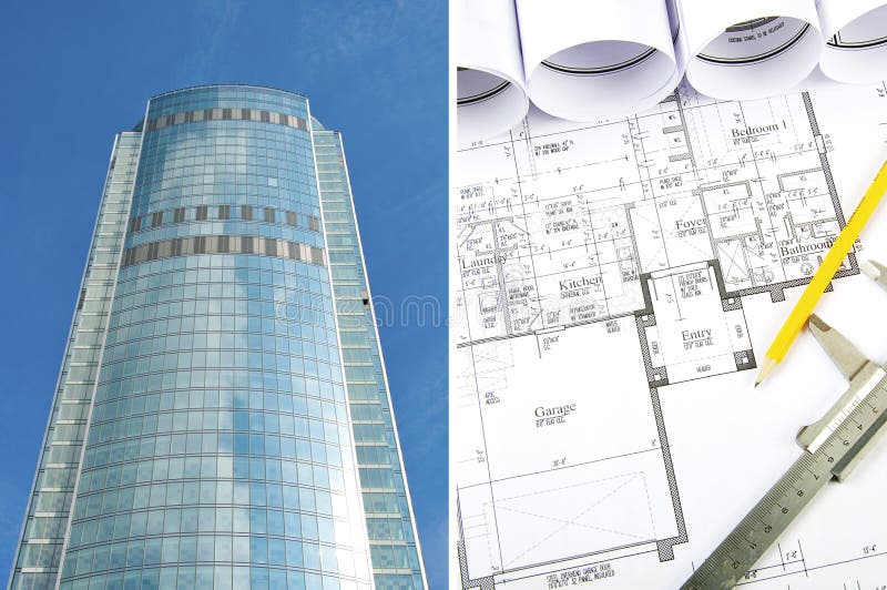 Building and Blueprints, Business Collage Stock Image - Image of ...