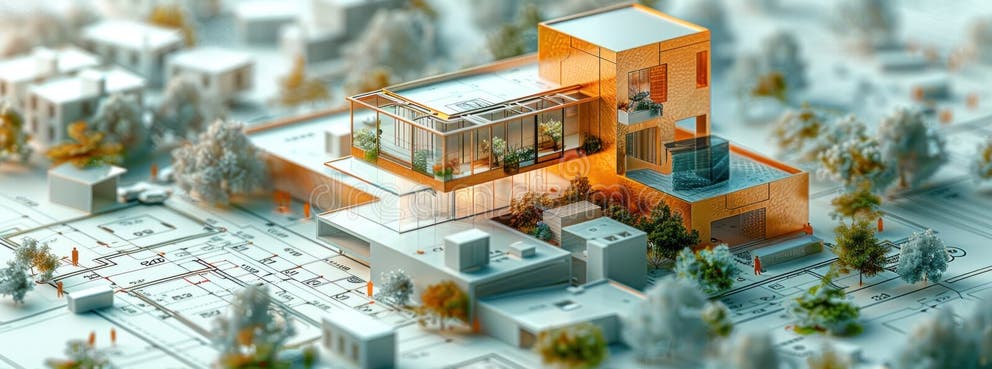 And Building Blueprints with a Model House and Building Blocks on Top ...