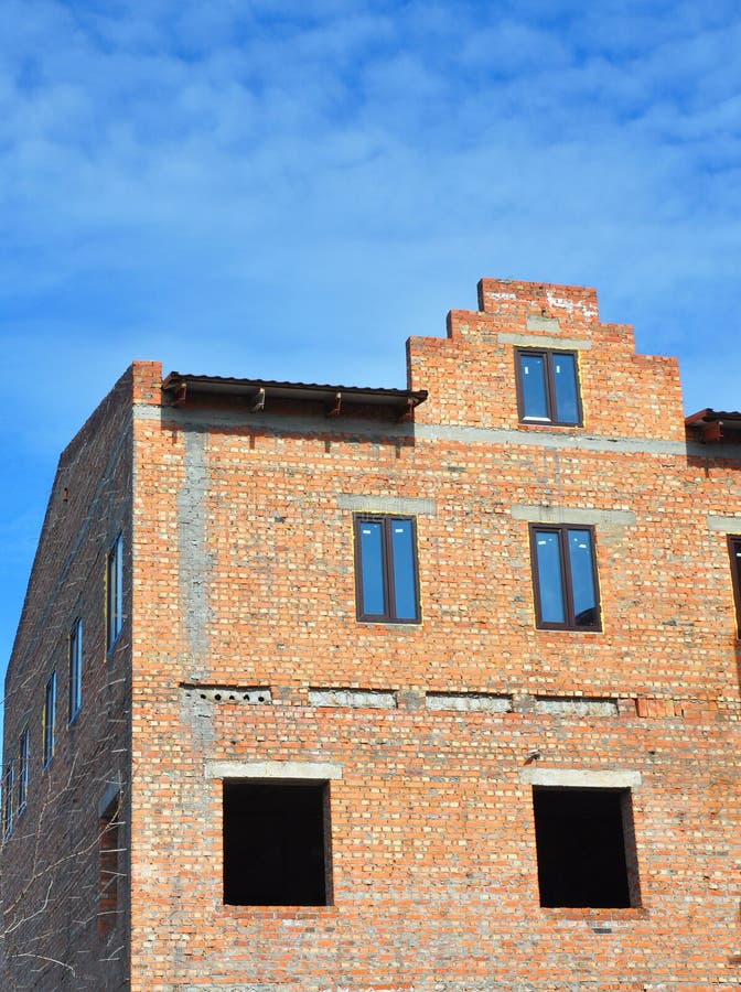 Building Brick House Construction Wall with Windows Installation Stock ...