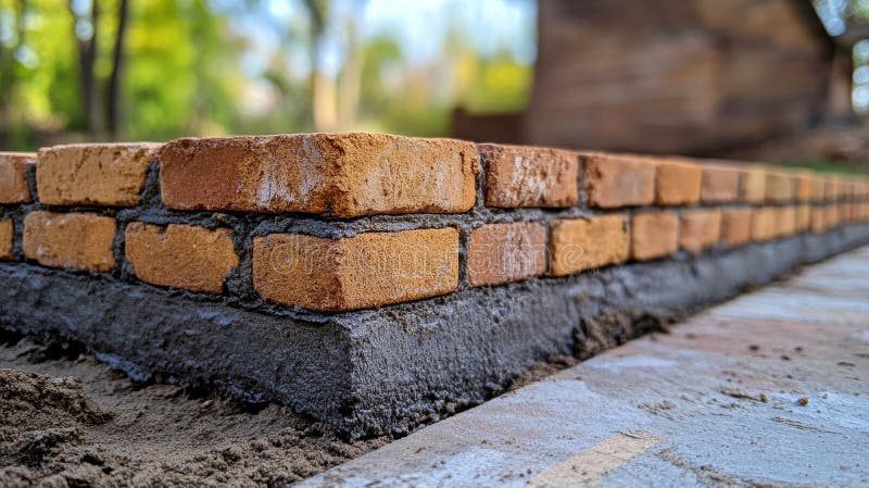 Building a Brick Path with Cement Base in a Sunny Outdoor Setting Stock ...