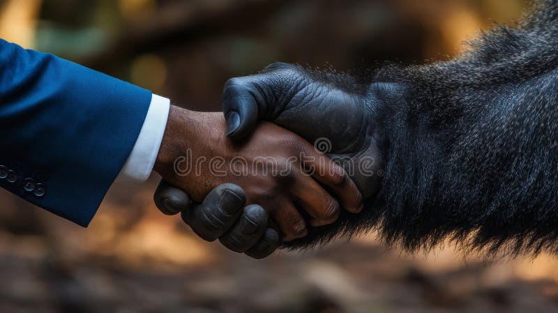 Building Bridges Businessman and Gorilla Shake Hands in Symbol of Unity ...