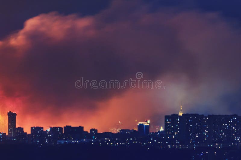 Building is Burned and Collapsed. Smoke and Fire Over the Night City ...