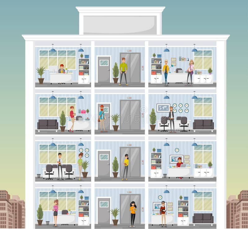 Building with Cartoon Business People Working in Office Workspace Stock ...