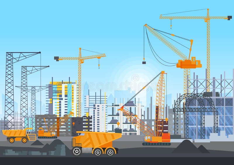 Building City Under Construction Website with Tower Cranes. Building ...