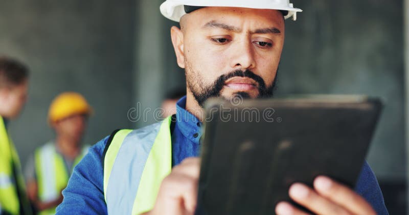 Building, Civil Engineering and Tablet with Construction Worker Man on ...