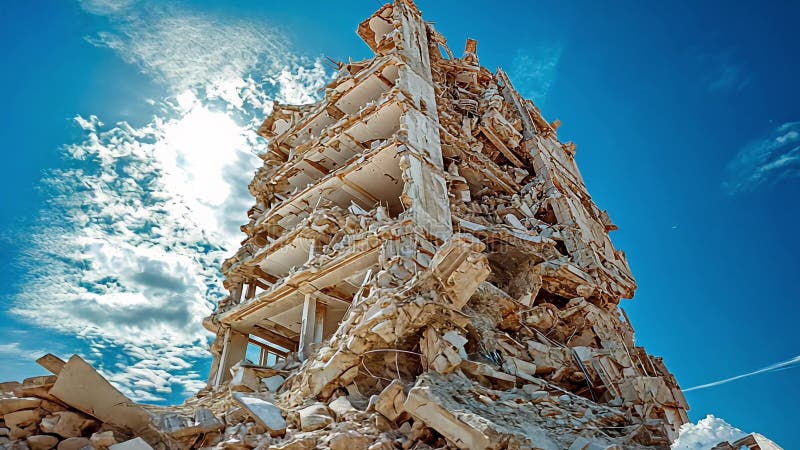 Building Collapse Aftermath Under Blue Sky with Scattered Clouds Stock ...