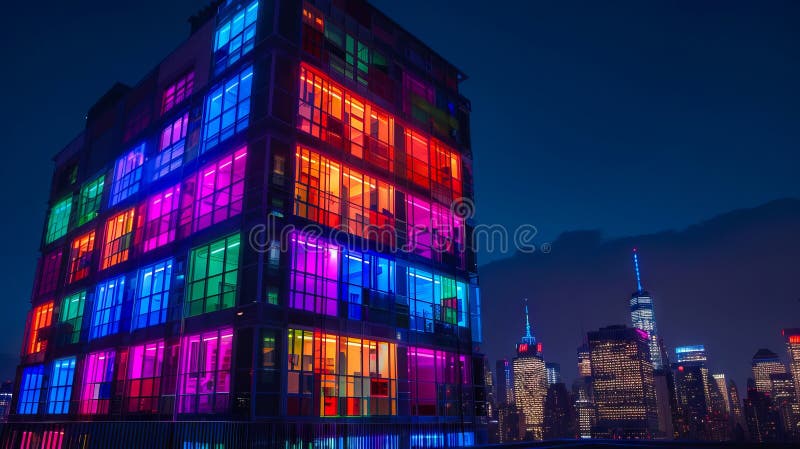A Building with Colorful Windows Lit Up at Night Stock Image - Image of ...