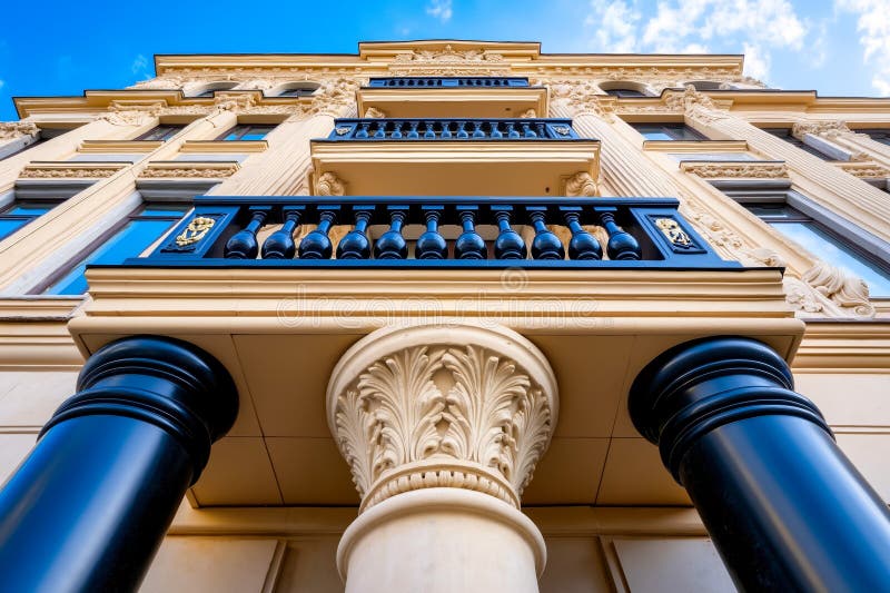 A Building with Columns and a Balcony on the Side of it Stock Image ...