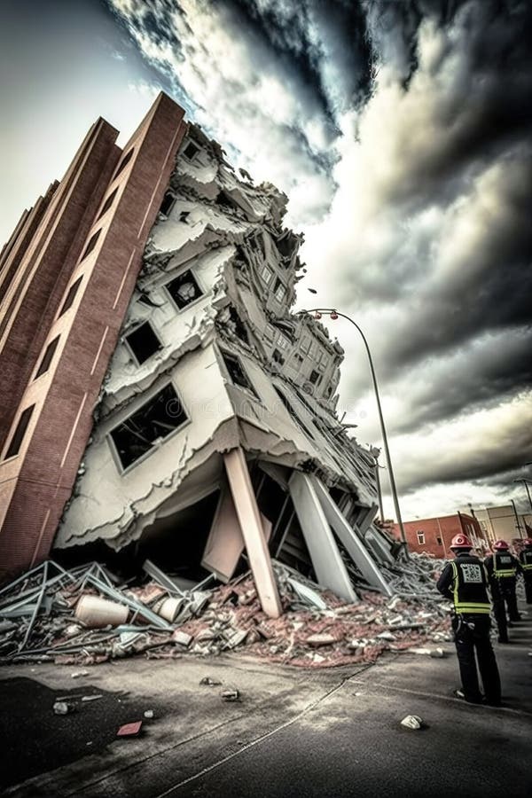 Building Completely Destroyed and Firemen Around it. Earthquake ...