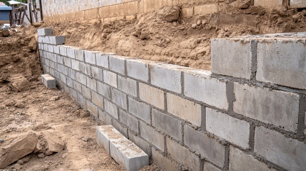 Building a Concrete Block Wall Construction Site with Cement Bricks and ...