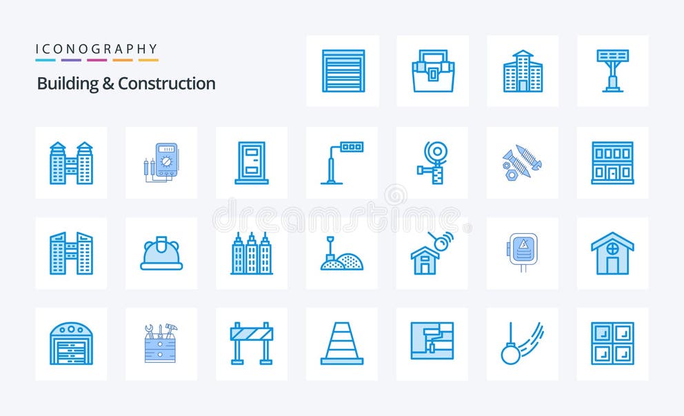25 Building and Construction Blue Icon Pack Stock Vector - Illustration ...