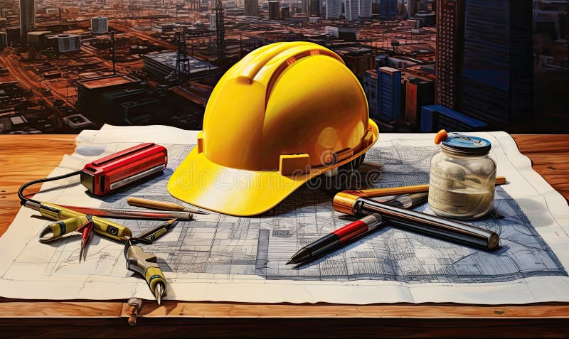 Building Construction Blueprints and Hard Hat Stock Illustration ...