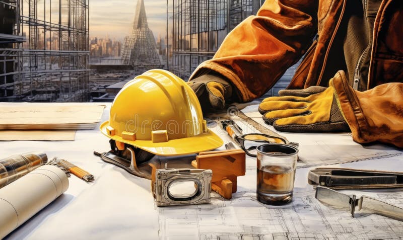Building Construction Blueprints and Hard Hat Stock Illustration ...