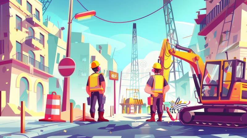 Building Construction in the City, Building Crane, Excavator and Worker ...