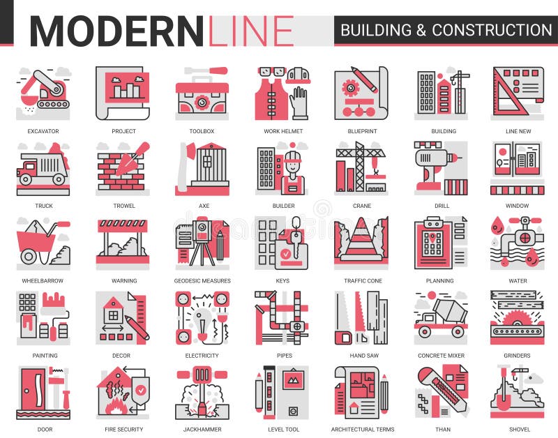 Building Construction Complex Red Black Line Icons Vector Illustration ...