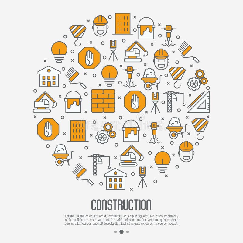 Construction Concept In Circle With Thin Line Icons: Builder In Helmet ...