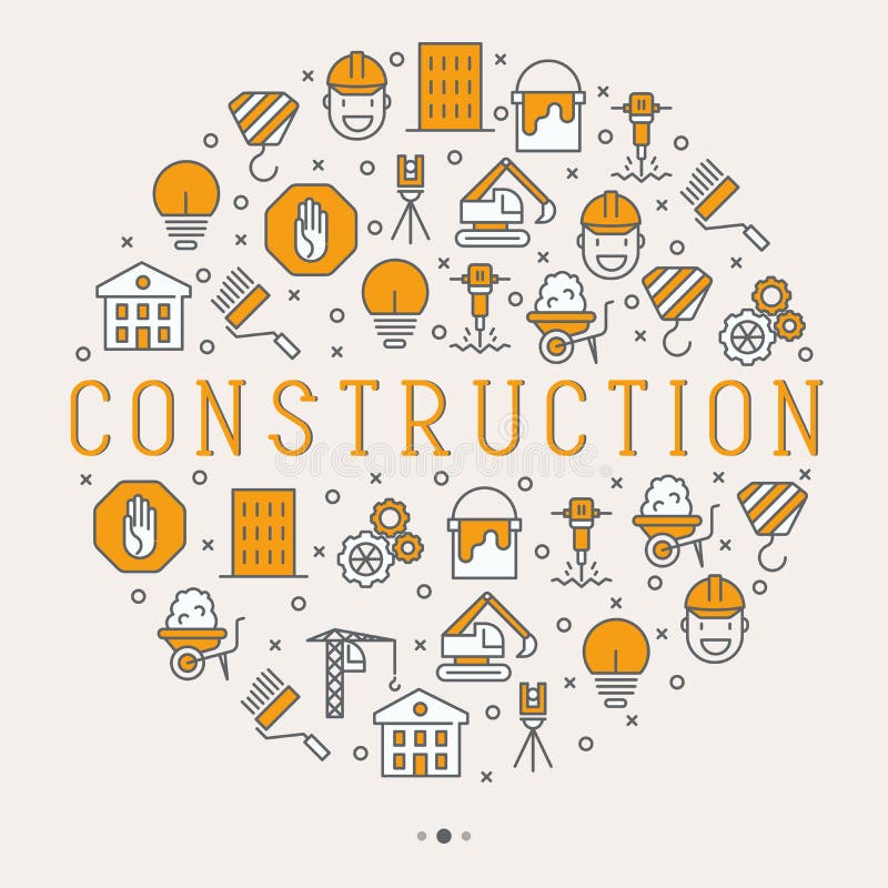 Construction Concept in Circle with Thin Line Icons: Builder in Helmet ...