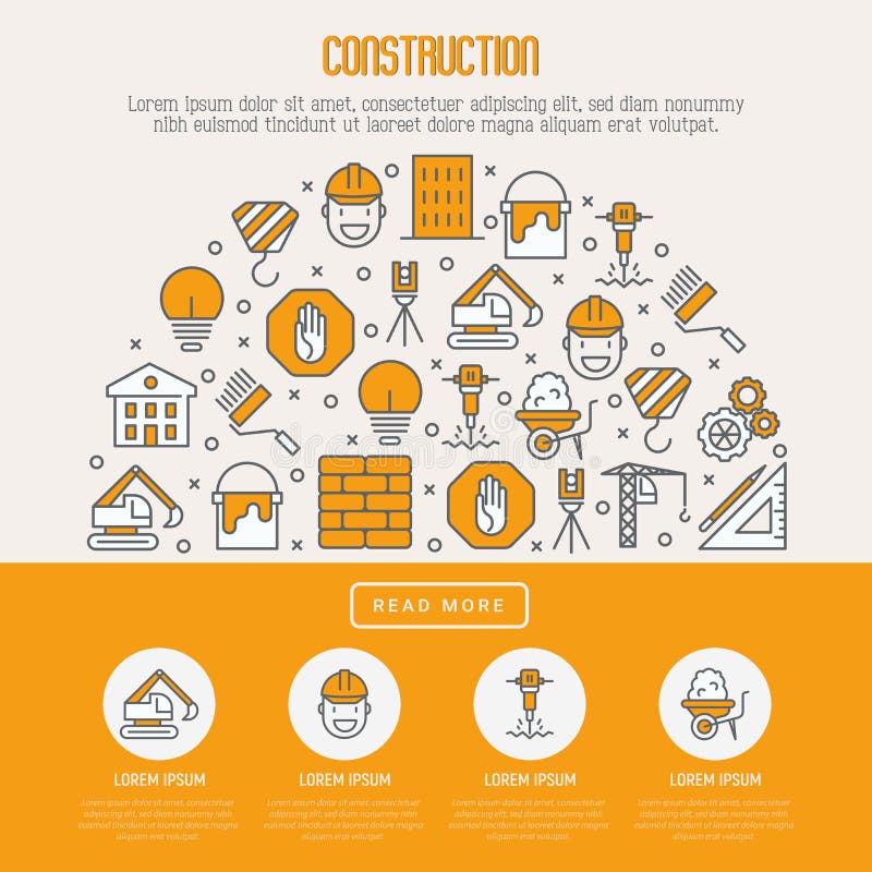 Construction Concept in Circle with Thin Line Icons: Builder in Helmet ...