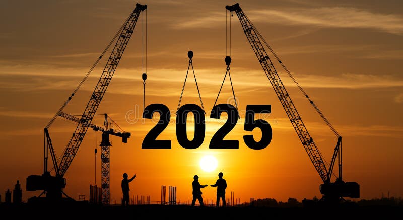 Building 2025: Construction Cranes Silhouetted at Sunset, New Year ...