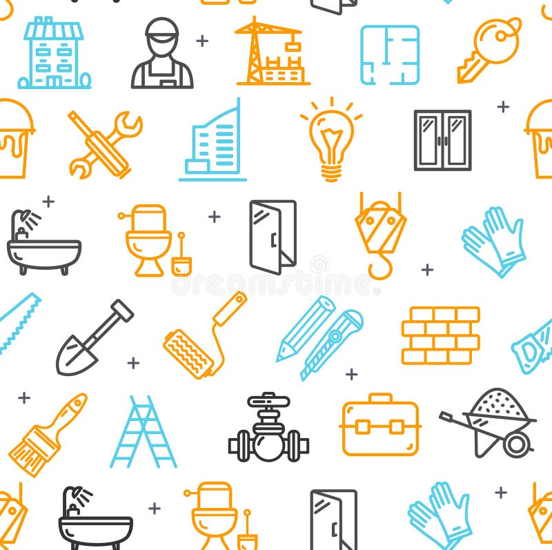 Building Construction Elements and Tools Pattern Background on a White ...