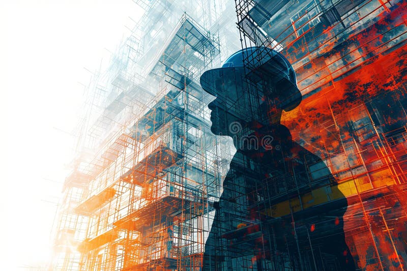 Building Construction Engineer Illustration with Double Exposure ...