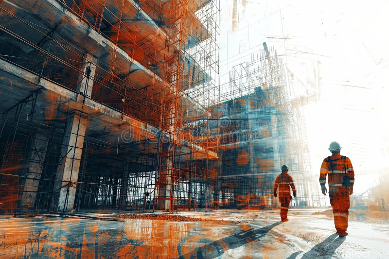 Building Construction Engineer Illustration with Double Exposure ...