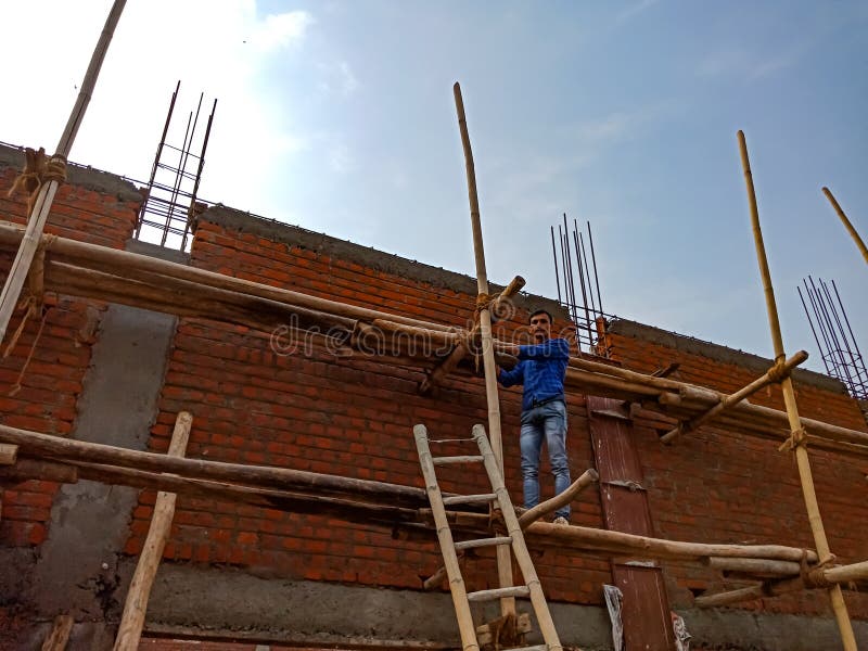 Building Construction Labour Making Wooden Structure for Wall Creation ...