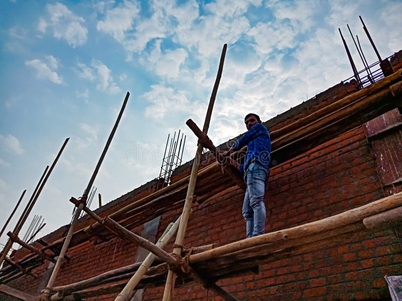 Building Construction Labour Making Wooden Structure for Wall Creation ...