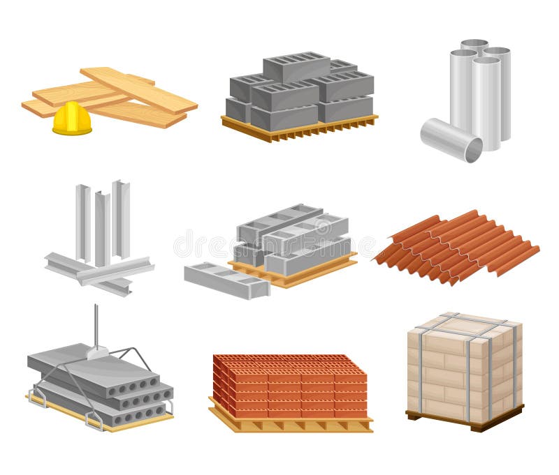 Building and Construction Materials Like Sand and Bricks Vector Set Stock Vector - Illustration ...