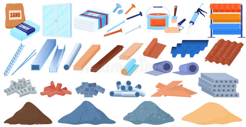 Builder Materials. Construction Tools Pile Bricks Gypsum Cement Sand ...