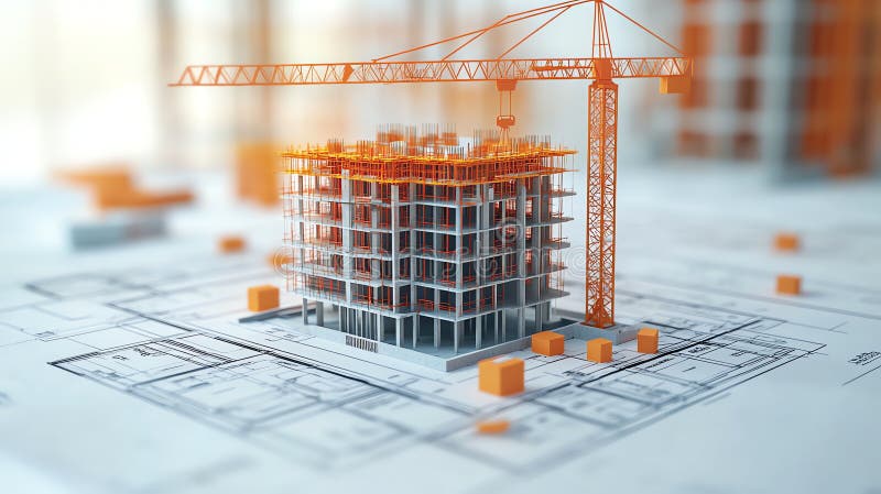 Building Construction Model with Crane and Blueprint Architectural Design Stock Photo - Image of ...