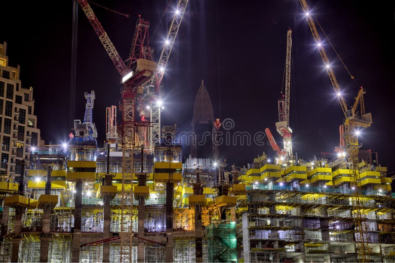 Building at Construction Process during Night. Editorial Stock Image ...