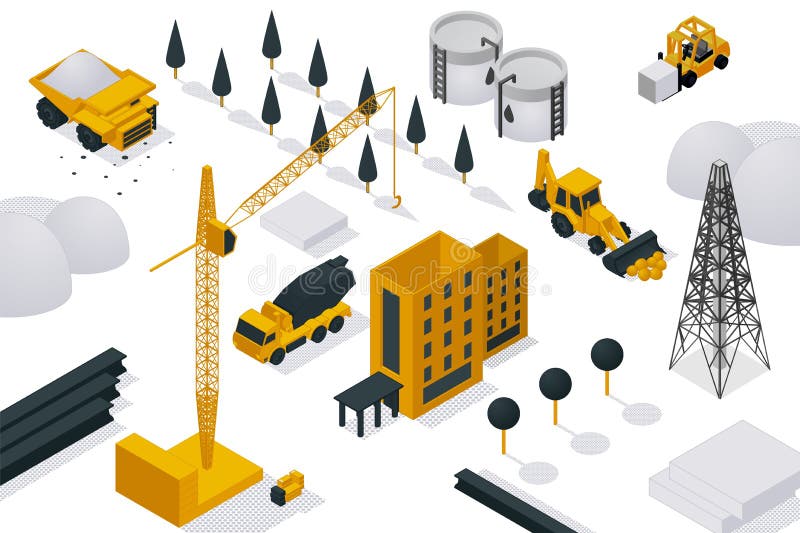 Building Construction Process, Vector Illustration Isometric. Heavy ...