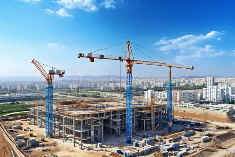 Building Construction in Progress. Construction Crane Erecting an ...