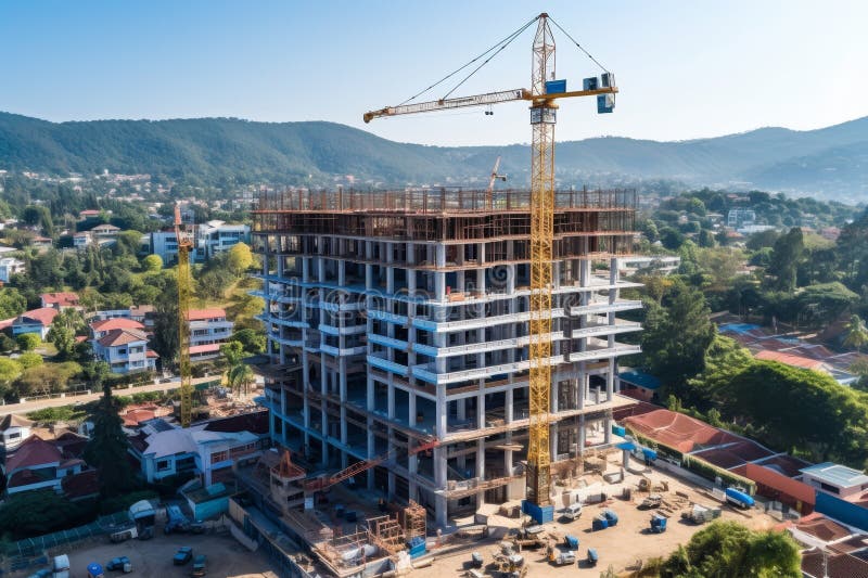 Building Construction in Progress. Construction Crane Erecting an Unfinished Tall Structure ...