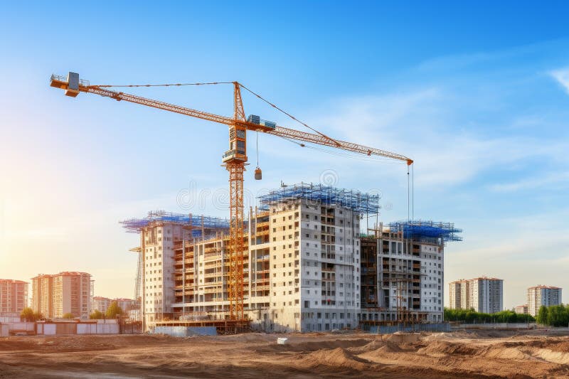 Building Construction in Progress. Construction Crane Erecting an ...