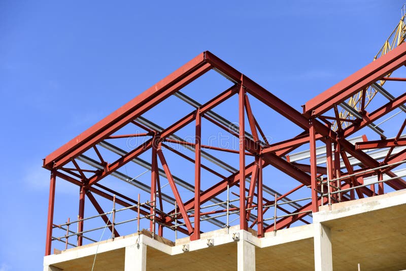 Building Construction in Progress. Red Primer Painted Steelwork Stock ...