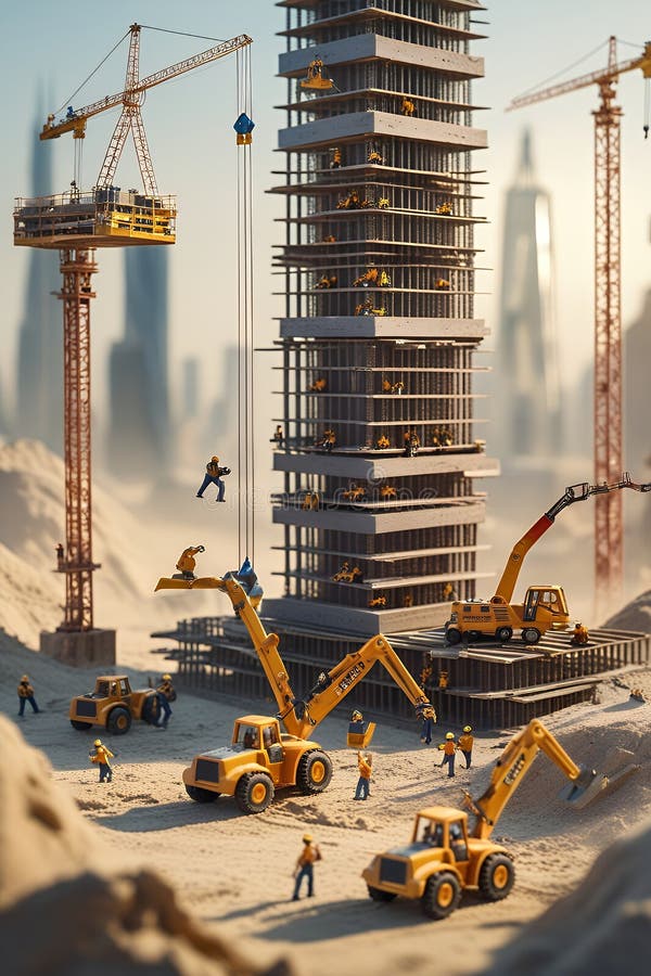 Building Construction Project with Cranes and Workers Constructing ...